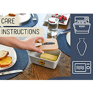 Nat & Jules Dean Crouser Ceramic Stoneware 1/2 Pound, 2 Sticks Butter Dish with Airtight Bamboo Lid & Knife, Kitchen Container Holder Refrigerator Storage Countertop Organization, Watercolor Sunflower