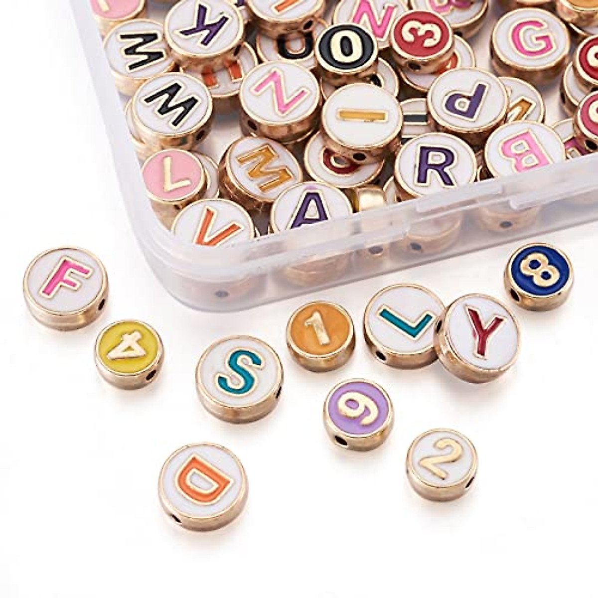 Pandahall 72Pcs Alloy Enamel Letter Beads Mixed Color Flat Round Number 0-9 & Alphabet Letter A-Z Beads Loose Spacers for Jewelry Making, Hole: 1.4-1.5mm