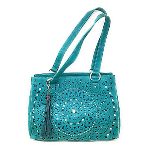 Set of Women's Concealed Carry Tote Double Flat Strap Purse with Laser Cutout Inlay with Matching Wallet (Turquoise)