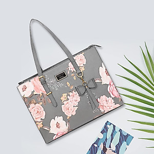 MOSISO Laptop Tote Bag Compatible with MacBook Air 15 inch M2 A2941/Pro 16 M3 M2 M1, 15-15.6 inch Notebook, Peony PU Leather Travel Work Briefcase with Detachable Bowknot & Small Purse, Grey