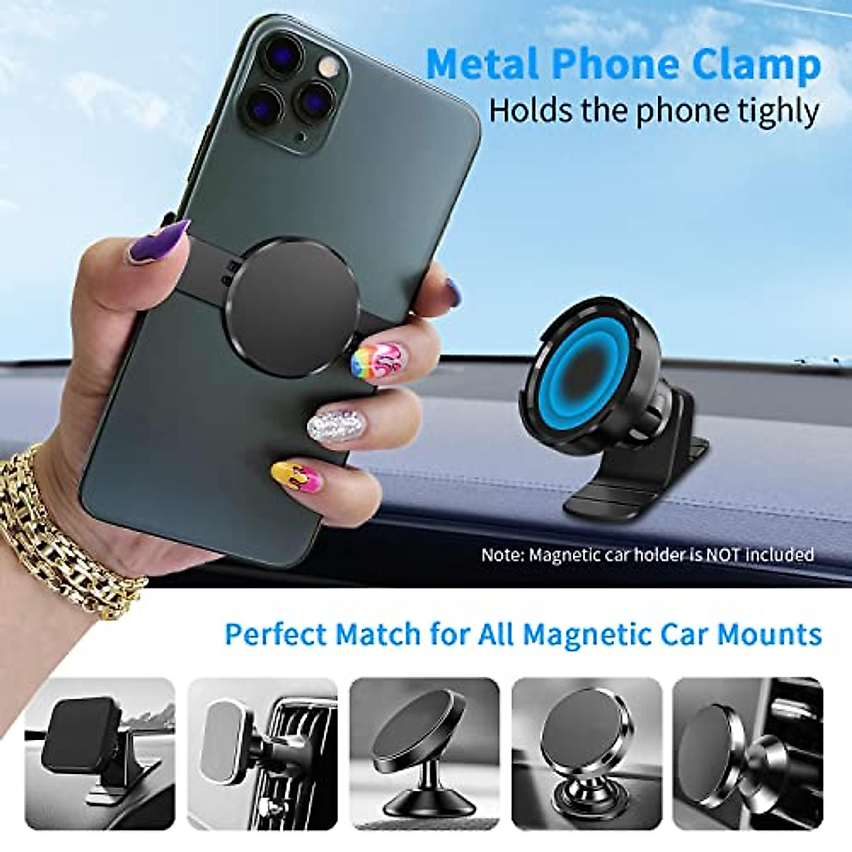 Yorsoirll Metal Phone Clamp Grip for Magnet Car Mount, [Easy Clip & Remove] Metal Phone Clip All Magnet Car Holder Cell Phone Magnetic Plate Compatible with iPhone 13 14Pro Max,Smartphones (Black)