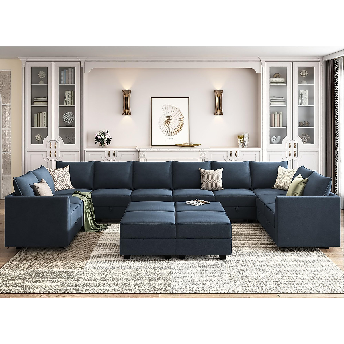 HONBAY Velvet Modular Sofa Couch with Chaise Oversized U Shaped Sectional Sofa Reversible Modular Sofa Bed with Storage Seats, Dark Blue