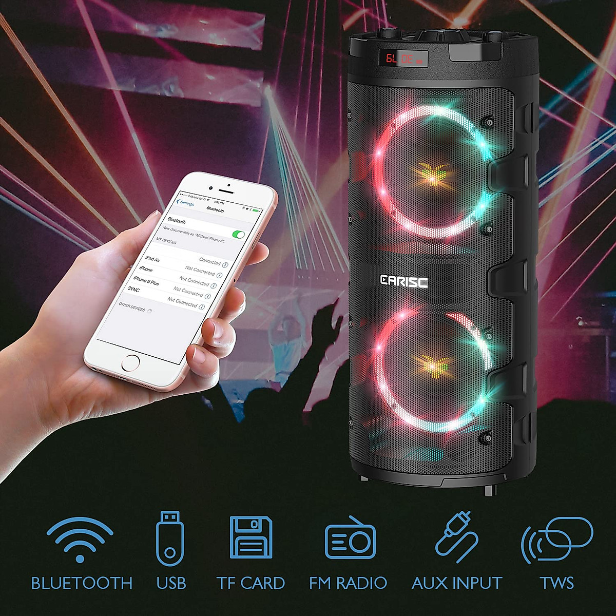 EARISE M62 Portable Bluetooth PA Speaker, Dual 6.5" Rechargeable Indoor/Outdoor Bluetooth Karaoke Audio System, TWS, Party Lights, LED Display, FM/AUX/MP3/USB/SD/TF