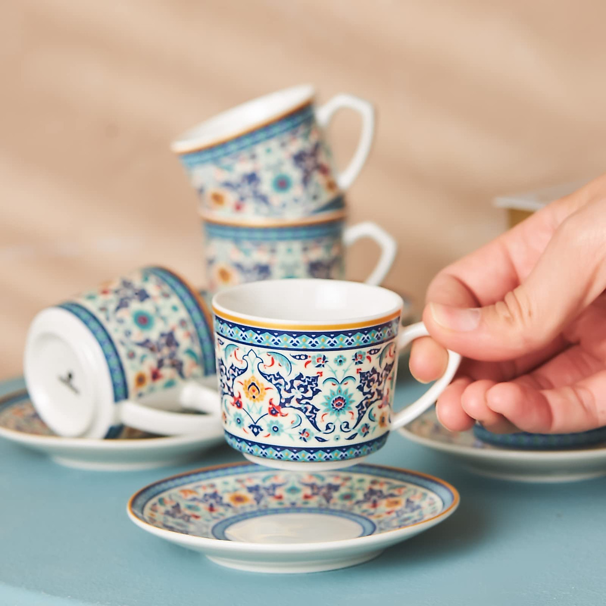 KARACA Beylerbeyi Porcelain Turkish Coffee Cup Set of 6, 12 Piece, 80ml, 6 Porcelain Coffee cups, Espresso Cups with Saucers, Porcelain Design with Blue and White Patterns