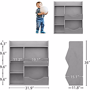 SUNNYFURN Kids 3-Tier Toy Storage Organizer Kids Bookshelf Double Side Toy Shelf Gray- 5 Compartment Bookshelf & Toy Shelf for Kids' Room, Bedroom, Living Room, and Kindergarten - for Toys and Books