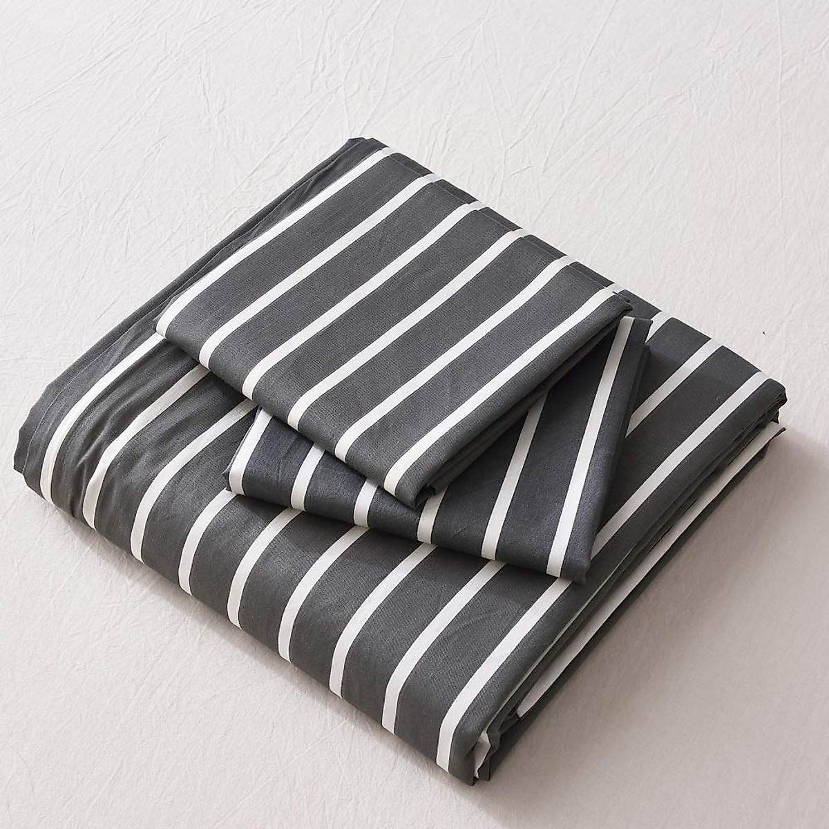 JELLYMONI 100% Natural Cotton 3pcs Striped Duvet Cover Sets, Dark Grey Duvet Cover with White Stripes Pattern Printed Comforter Cover, with Zipper Closure & Corner Ties(King Size)