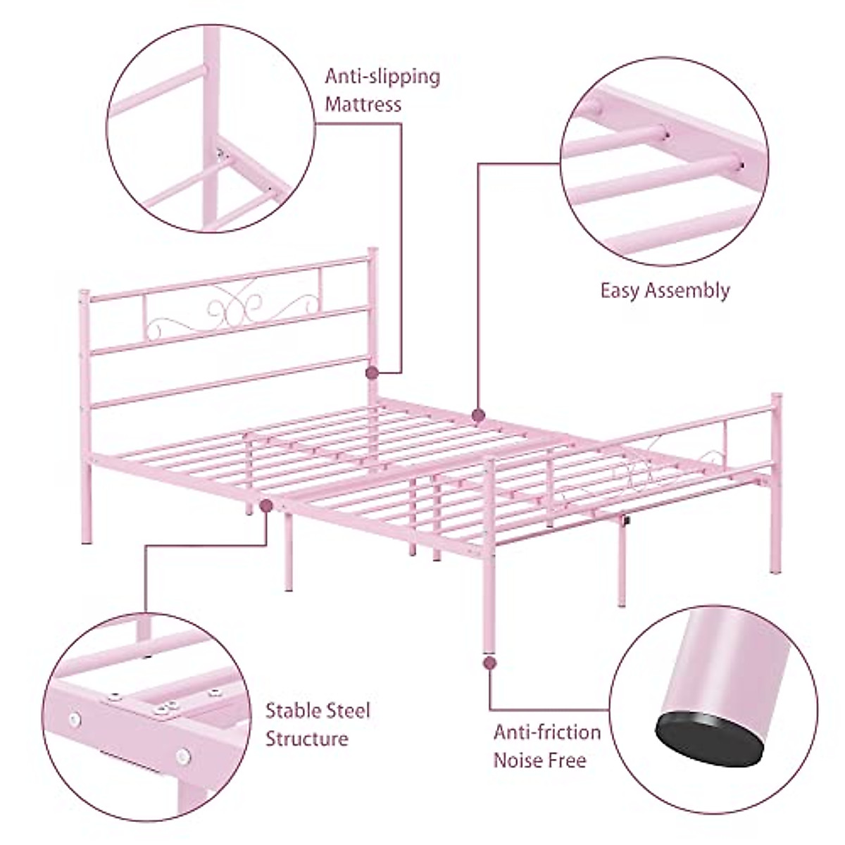 Weehom Full Size Bed Frame with Headboard and Footboard Under Bed Storage Steel Slat Support Metal Bed No Box Spring Needed Easy to Assembly,Pink