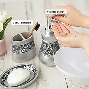 Creative Scents Silver Bathroom Accessories Set complete - Decorative Crackled Glass 6 Piece Bathroom Set Features: Trash Can, Tissue Box Cover, Soap Dispenser, Toothbrush Holder, Soap Dish, & Tumbler