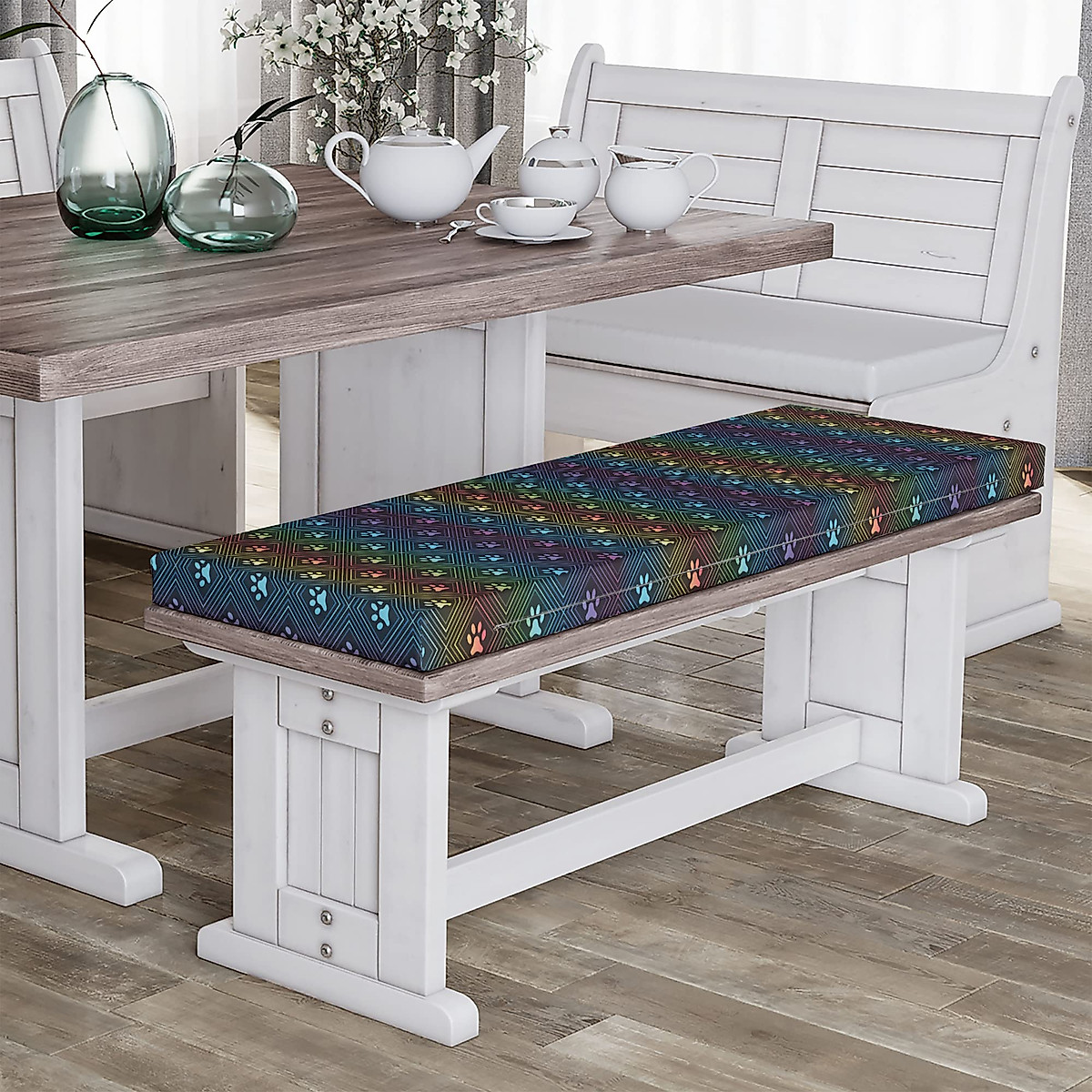 Ambesonne Dog Lover Bench Cushion, Paw Print Pattern with Diamond Shaped Rhombus Shapes Design Geometric Arrangement, Standard Size Foam Pad with Decorative Fabric Cover, 45" x 15" x 2", Night Blue