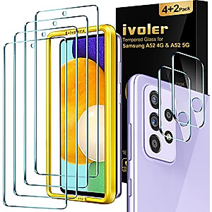 [4+2 Pack] iVoler Screen Protector for Samsung Galaxy A52 5G&4G/ A52s 5G [4 Pack] with 2 Pack Camera Lens Protector Tempered Glass for Samsung A52 5G&4G/ A52s 5G with Easy Installation Frame, 6.5 inch