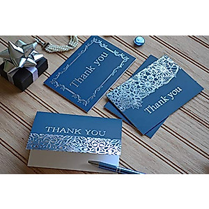 120 Thank You Cards in Navy Blue with Envelopes & Stickers - Elegant 6 Designs Bulk Notes Embossed with Silver Foil Letters for Wedding, Formal, Business, Graduation, Funeral 4x6 Inch Thick Card Stock