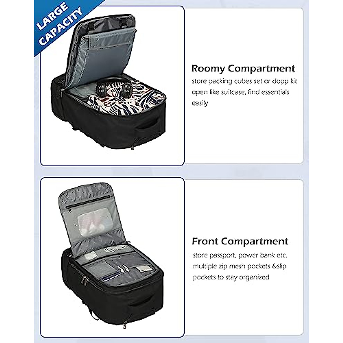 Hynes Eagle 42L Rolling Backpack Wheeled Backpack Flight Approved Travel Backpack Carry on Luggage Black with 3PCS Packing Cubes Set Teal