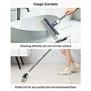 MEXERRIS Floor Scrub Brush with Long Handle - Stiff Carpet Deck Brush 2 in 1 Floor Scrubber Cleaning Grout Brush for Tile, Bathroom, Shower, Sink, Bathtub, and Kitchen Surface - Gray