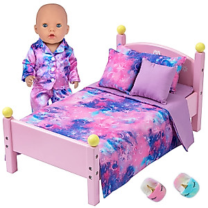 K.T. Fancy 8 PCS 18 Inch Girl Doll Clothes and Accessories Sleeping Sheet,Pajamas,Eye Mask,Unicorn Slippers,Pillow(Doll and Bed are Not Included)