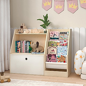 TOETOL Kids Bookshelf & Book Storage，4 Sling Wooden Toddler Book Shelf，2-Tier Wooden Open Bookcase & Storage Organizer Boxes for Nursery, Playroom, Bedroom