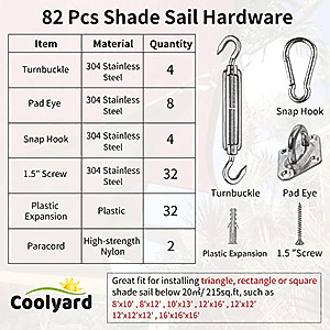 Coolyard 82 Pcs Sun Sail Shade Hardware Kit,Shade Sail Installation Kit 6 inch with Paracord Ropes for Triangle Rectangle Square Sun Shade Sails