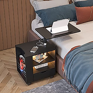HNEBC Auto LED Nightstand with 2 USB Charging Station,Black Nightstand Has Adjustable Rotary Table, Bedside Tables with One Drawer and 2 Mezzanines/Infrared Induction 3 Color Lighting(On The Left)