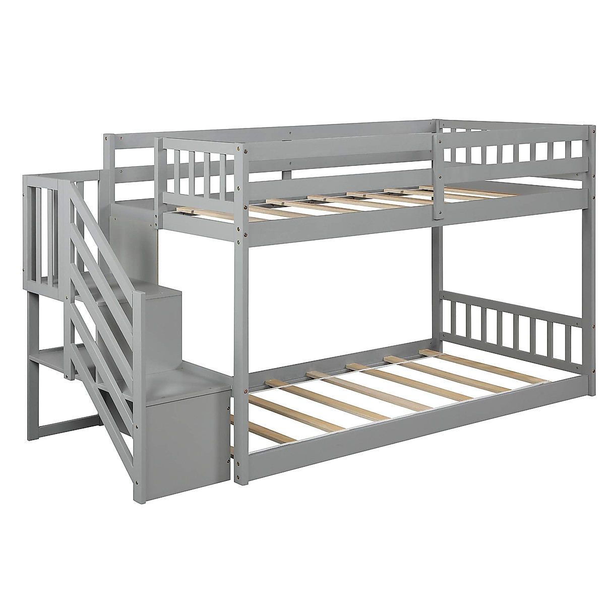 Flieks Bunk Bed with Storage Staircase, Twin Size Bunk Bed for Kids, Teens, No Box Spring Needed (Gray)