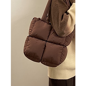 Eillys Women Padded Shoulder Bag Luxury Check Tote Bag Soft Pillow Handbag Quilted Puffy High Capacity Underarm (Za-Coffee (Basic Edition))