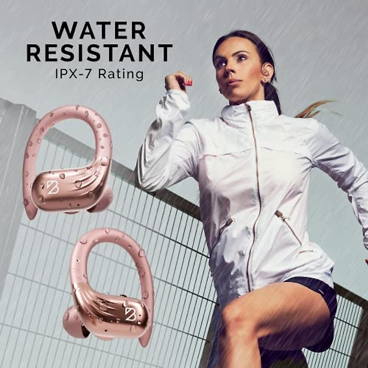 Runner 60 Wireless Rose Gold Earbuds for Running, Workout Headphones for Women, Pink Bluetooth Earphones, Over Ear Hooks, 80-Hour Long Battery, Water-Resistant Pink Earbuds Wireless Charging Case