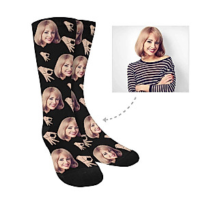 Custom Print Your Photo Pet Face Socks, Personalized Circle Game Finger Black Crew Socks for Men Women