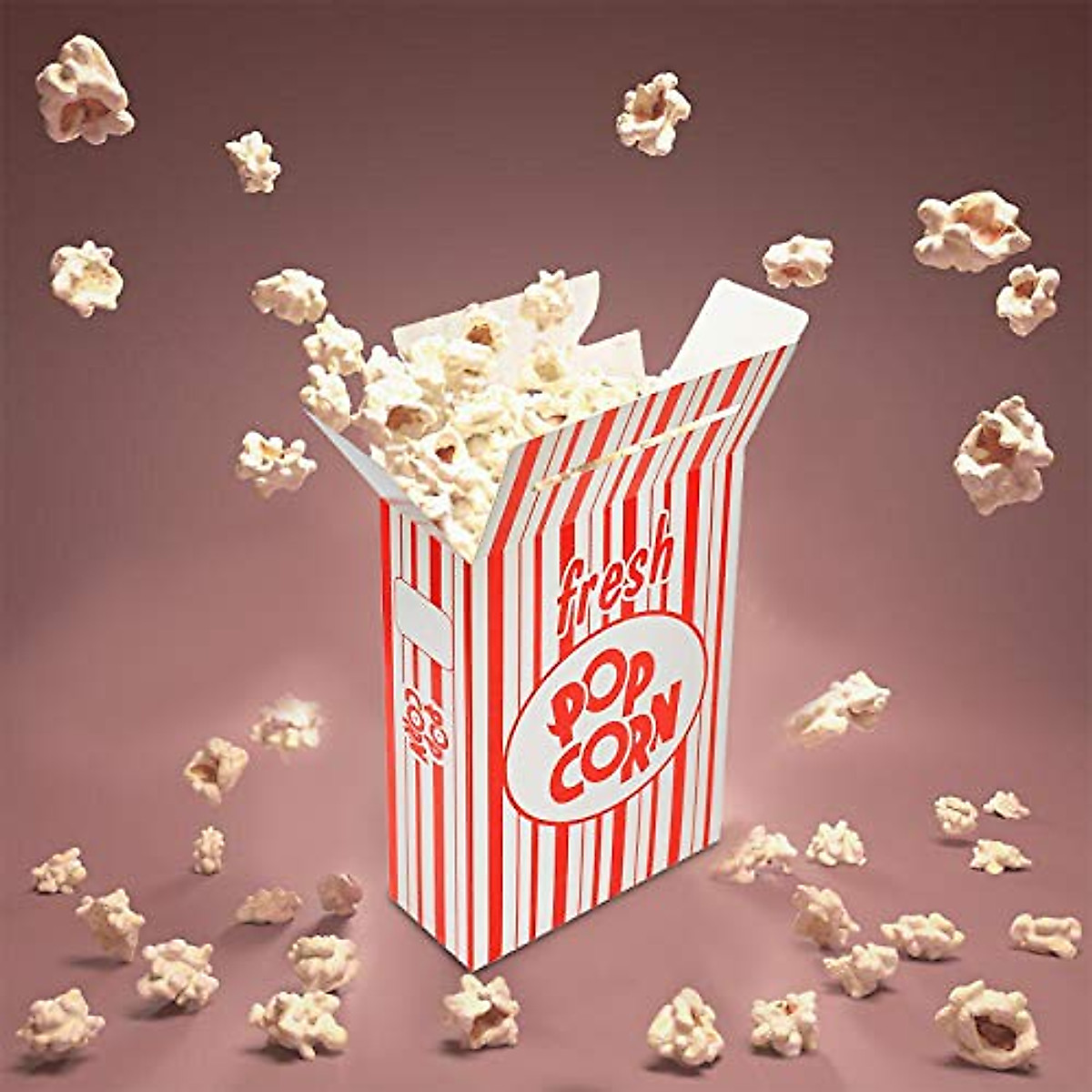 Fasmov 100 Pack Paper Popcorn Boxes, 6" L x 2 1/2" W x 8 1/2"H Close Top Movie Theater Popcorn Boxes, Popcorn Containers for Movie Party and Theater Night (Red and White Stripes)