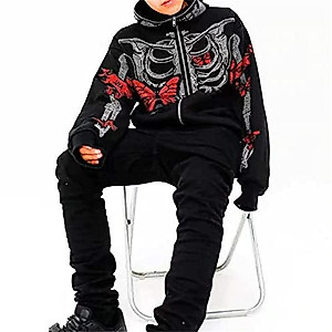 Creaion Bones Skeleton Rhinestone Graphic Y2k Hoodies Full Zip Up Hoodie over Face Rib Cage Jacket Oversized Hip Hop Streetwear Sweatshirt