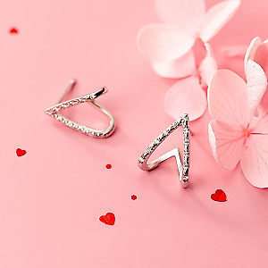 Reffeer 925 Sterling Silver CZ V Cuff Earrings Piercings for Women Teens Claw Huggie Earrings Studs (A-Silver)