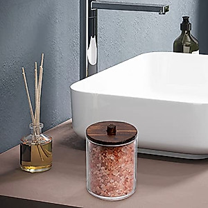 Tbestmax Qtips Holder Bathroom Container with Brown Wood Lids, 10/7 OZ Cotton Ball/Swabs Dispenser, Apothecary Organizer Jar for Storage 2 Pcs