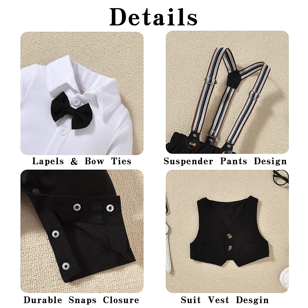 Aalizzwell Baby Boys Gentleman Outfit, Infant Vest Suspender Pants 3 Piece Formal Suit Set 3-6 Months Fall Winter Black