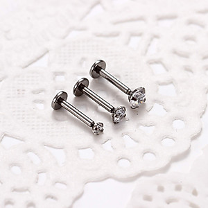 GAGABODY Forward Helix Earring 2/3/4mm Cubic Zirconia 3pcs G23 Titanium 16G 8mm Internally Threaded Labret Cartilage Tragus Monroe Lip Studs Piercing