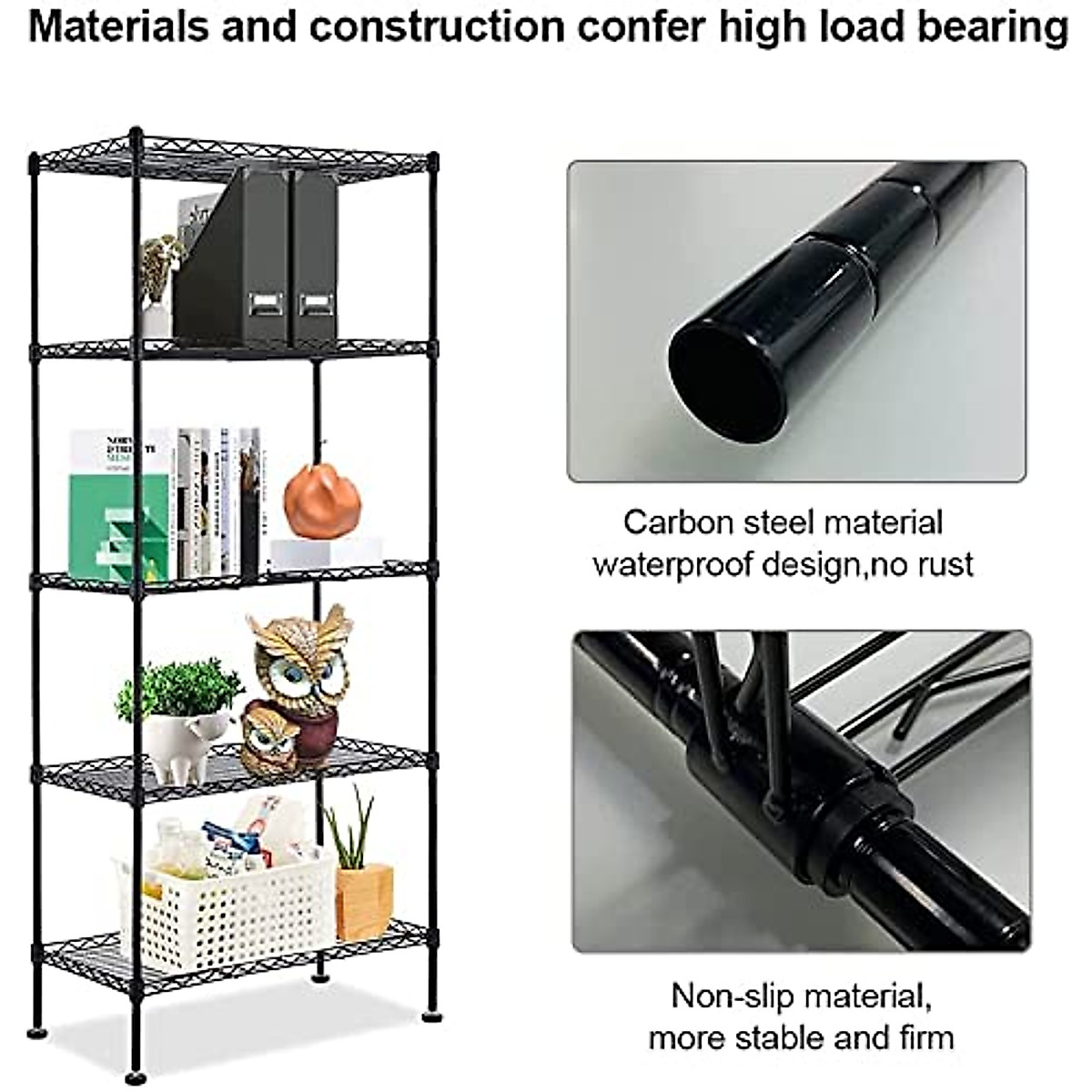 MACRO GLOBE 5-Tiers Carbon Steel Shelving Units, Kitchen Organizer with 6 Hooks, Classic Wire Shelving Units, Multi Use Storage Rack for Home Office, Size 59.10 “x 23.60” x 13.80”(Black)