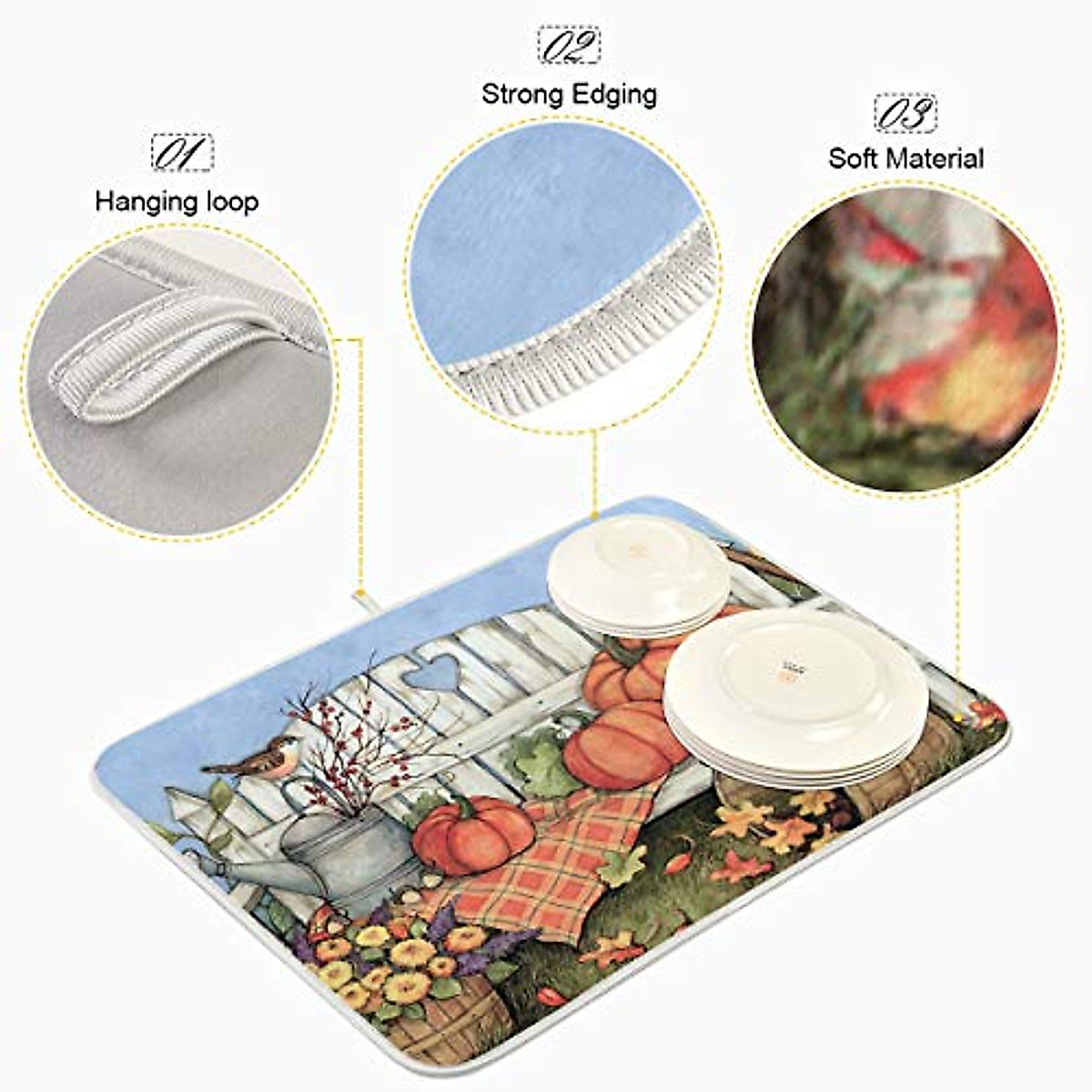 UMIRIKO Autumn Bird Sunflower Fall Pumpkin Dish Drying Mat for Kitchen Counter Thanksgiving Absorbent Fast Drying Pad Kitchen Dish Drainer Mat 18x24in 2020884