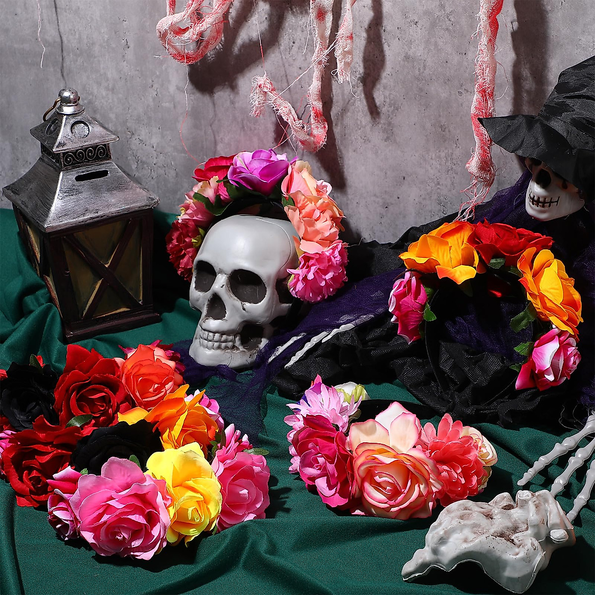 Xinnun 12 Pcs Mexican Rose Flower Crown Headband Easter Mardi Gras Headpiece Cosplay Headgear for Party