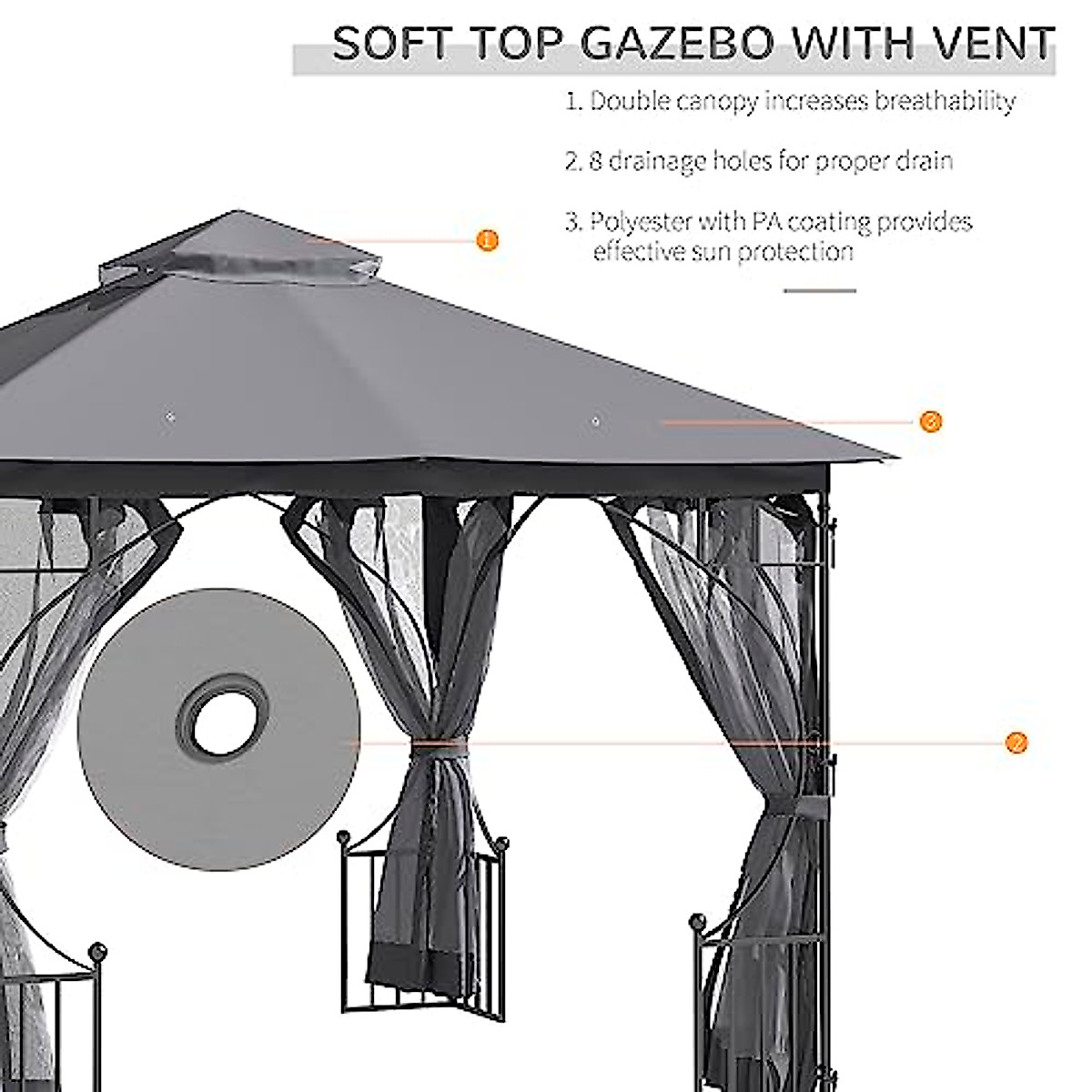 Outsunny 10' x 10' Patio Gazebo, Double Roof Outdoor Gazebo Canopy Shelter with Netting, Steel Corner Frame for Garden, Lawn, Backyard and Deck, Dark Gray
