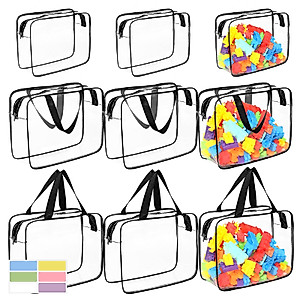 9 Packs Clear PVC Toy Storage Bags Include 6 Pcs Large and 3 Pcs Medium Toy Organizer Bags with Labels, Portable Handheld Zipper Bags for Organizing Board Game, Building Blocks, Puzzle, Kids Books