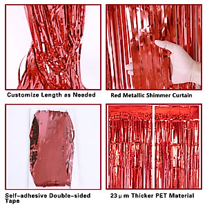 2 Pack Red Metallic Tinsel Foil Fringe Curtain, 3.2Ft x 8.2Ft Tinsel Curtain Party Photo Backdrop Streamers for Door Wall Window Curtains Background Birthday Christmas Valentines Day Decorations