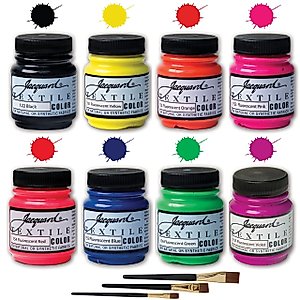 Jacquard fabric paint Fluorescent Textile 8-Color Set for Clothes,Permanent Fluorescent Paint for Jeans, Shoes, Canvas, Leather, Upholstery, With 3 brushes