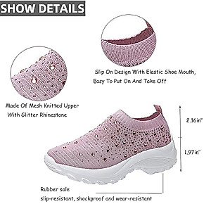 Tokouk Women's Rhinestones Glitter Knitted Mesh Orthopedic Sock Sneakers,Comfortable Breathable Slip On Arch Support Walking Shoes Ultra-Light Non-Slip Loafers. (Pink,8)