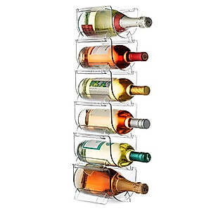 Set of 6 Wine and Water Bottle Organizer, Stackable Plastic Wine Rack Holder for Pantry, Kitchen, Fridge, Ideal Storage for Wine, Soda, Pop and Beer, Clear