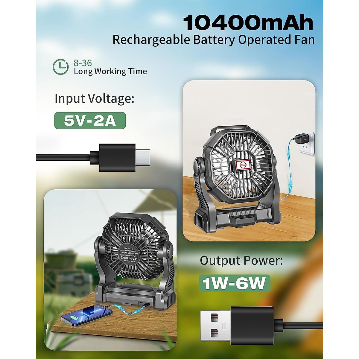 Portable Fan,10400mAh Battery Operated Fan Rechargeable Fan, 270°Head Rotation with Light and Hook, Small USB Camping Fan for Tents Beach BBQ Outdoor Activities Camping Accessories(Orange)