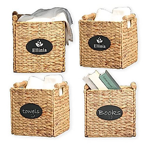 Storage Basket with Wooden Handles Made of Water Hyacinth Woven - Farm, Drawer, Wardrobe, Warehouse, Multipurpose Collapsible Storage Organizer, 4-Pack,Natural Water Hyacinth Color, Ellinia