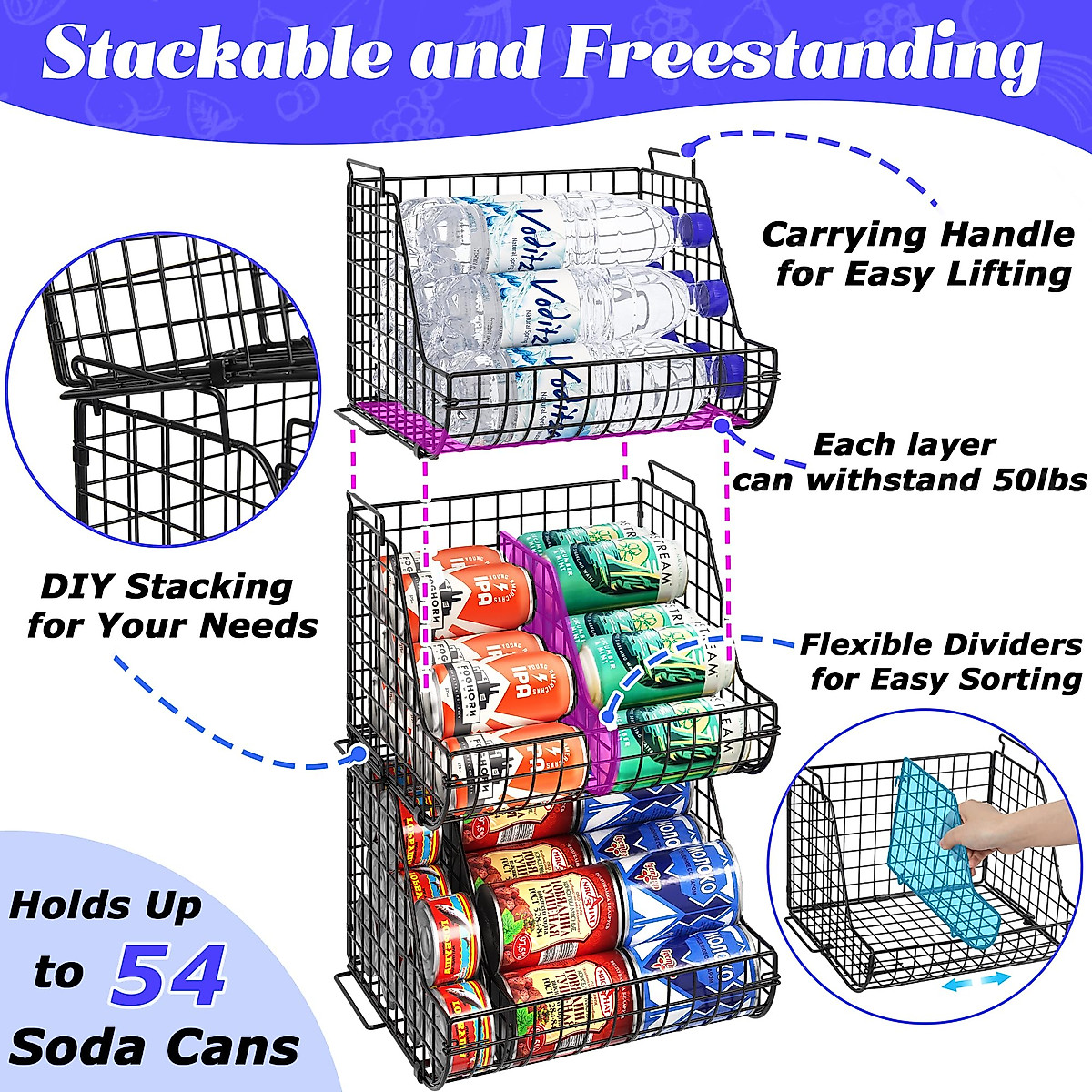 Stacking Can Dispensers 3 Tier with 3 Divider, Pantry Can Organizer, Standing Water Bottle Holder, Beverage Drink Pop Soda Can Storage Basket, Canned Food Container Rack Wire Bins for Kitchen Cabinet