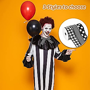 3 Rolls Black White Wired Edge Ribbons Buffalo Check Plaid Wrapping Ribbons Black White Striped Grosgrain Ribbons Black Polka Dot Ribbons with White Dots for DIY Crafts Decor, 1.5 Inches x 10 Yards