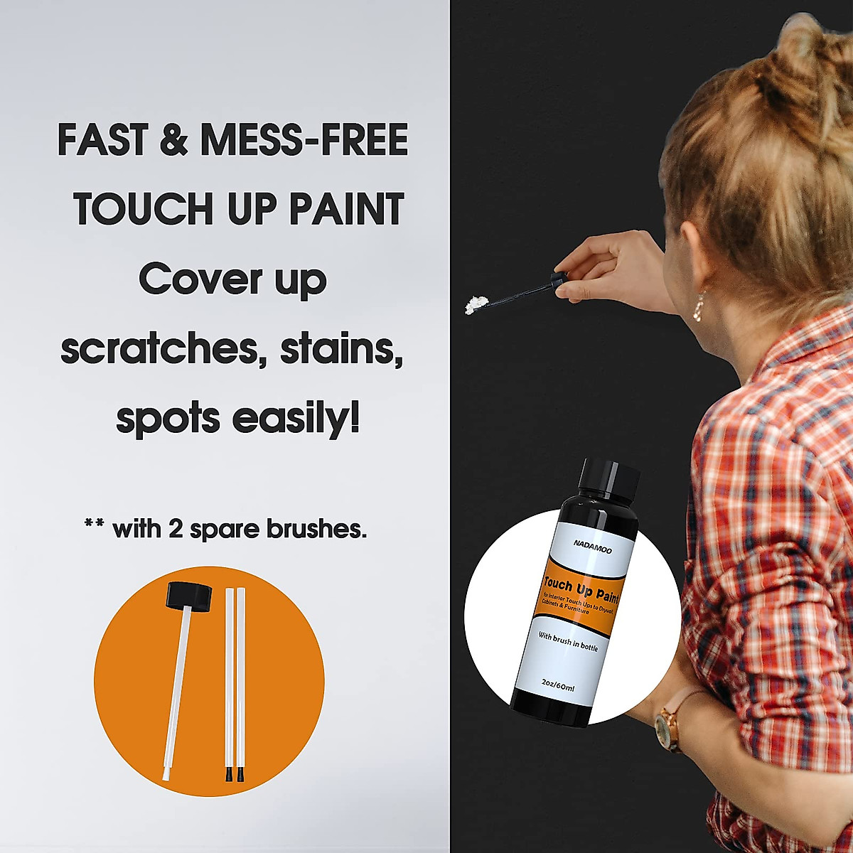 NADAMOO Multi Surface Touch Up Paint Gray, Interior House Appliance Paint Repair Marker for Wall, Ceiling, Cabinet, Door, Furniture, Windows, Shutter and Trim-60 ml / 2 oz, with 3 Brushes