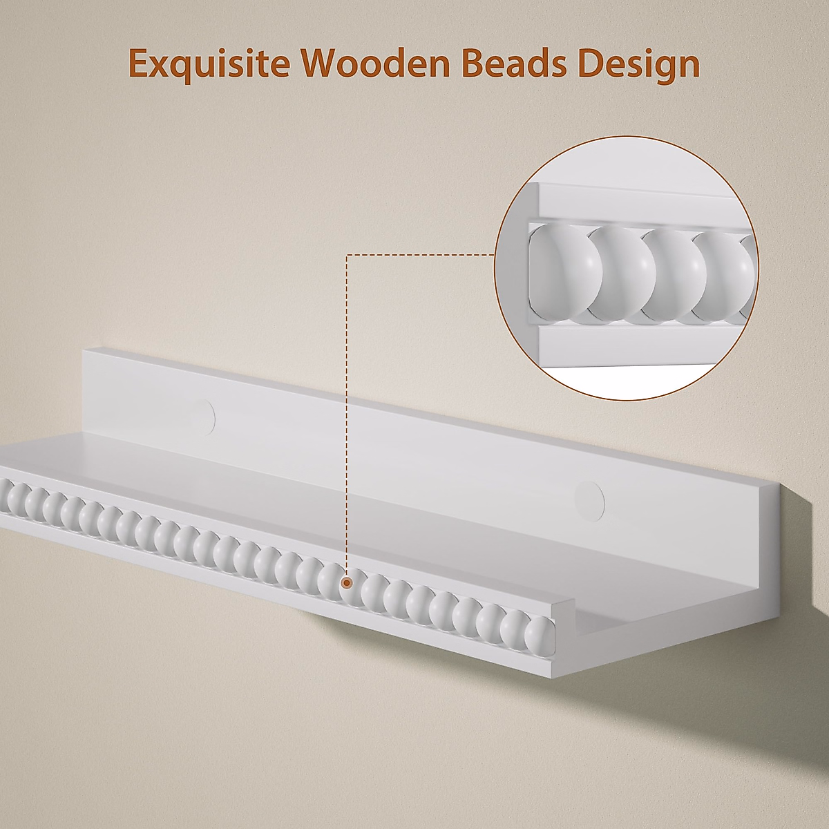 Alsonerbay Floating Shelves Wall Mounted Set of 2, Modern White Shelves with Lip, Wood Wall Shelves with Wooden Beads for Bedroom Living Room Bathroom Office and More White