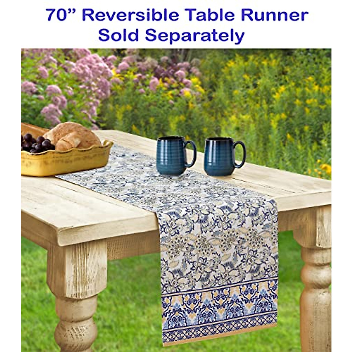 Home Bargains Plus Provence Allure Arabesque Yellow and Blue Floral Bordered Country French Fabric Tablecloth, Indoor Outdoor, Stain and Water Resistant 60" x 102" Oval