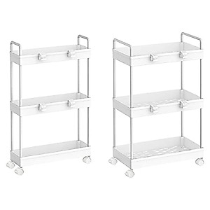 2 Pack 3 Tier Slim Storage Cart, Bathroom Organizer Laundry Room Organization Mobile Shelving Unit Slide Out Rolling Rack with Wheels for Kitchen Garage Office Small Apartment Narrow Space