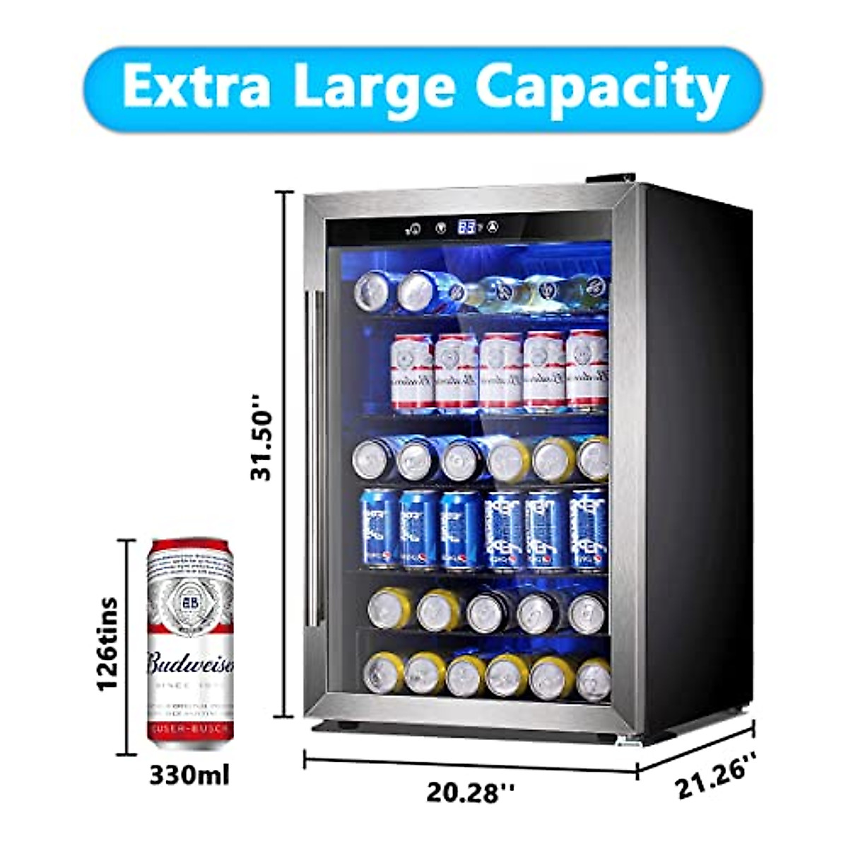 Joy Pebble Mini Fridge Beverage Cooler - 128 Can mini fridge with glass door for Soda Beer or Wine -Drink Dispenser Small Refrigerator with Adjustable Thermostat for Office Home (4.4 cu.ft)