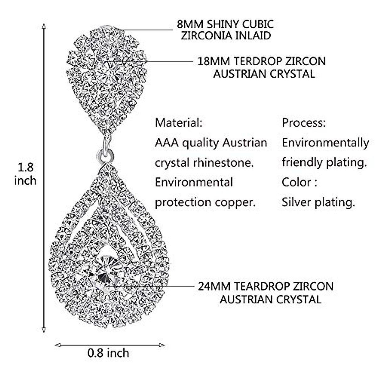 2 Pack Rhinestone Crystal Link Bracelet Teardrop Dangle Earrings Jewelry Sets for Women